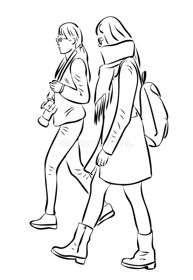 Vector Outline Drawing of Group Tourists Students Going on a Stroll ...