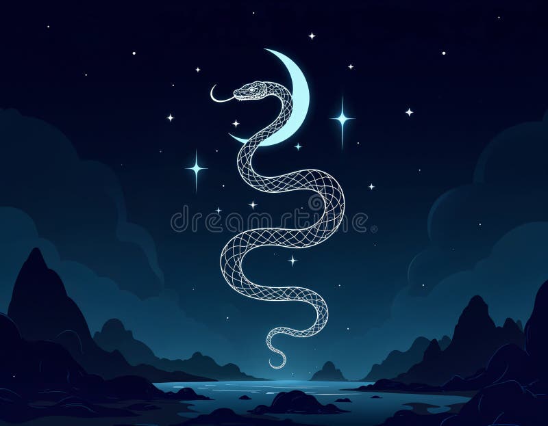 Vector of an Outlined Snake on a Night Sky with Crescent Moon and Stars ...
