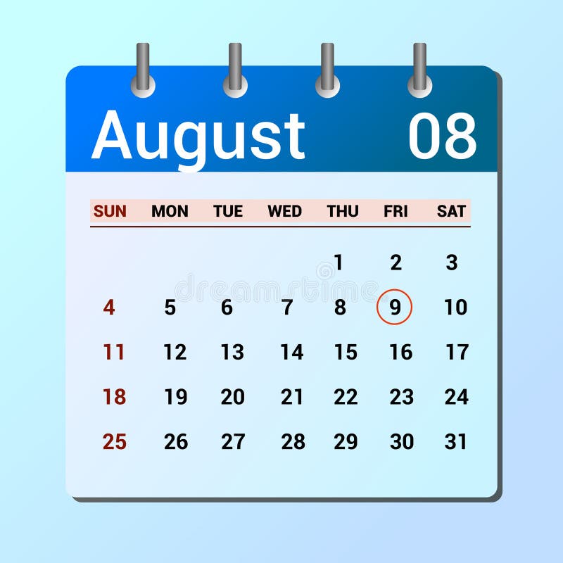 Vector Page of August Month Calendar and Highlighted Date August 9 ...