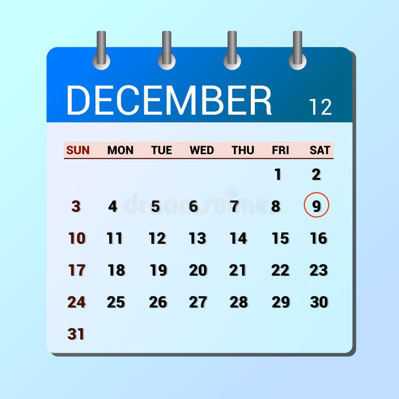 Vector Page of December Month Calendar and Highlighted Date December 9 ...