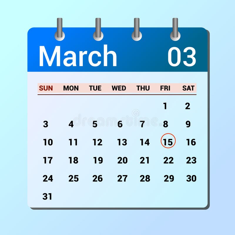 Vector Page of March Month Calendar and Highlighted Date March 15 Stock ...