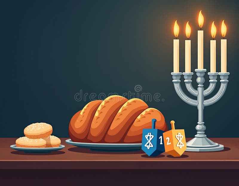 A Vector Painting of a Table with Challah Bread and Candles in Menorah ...