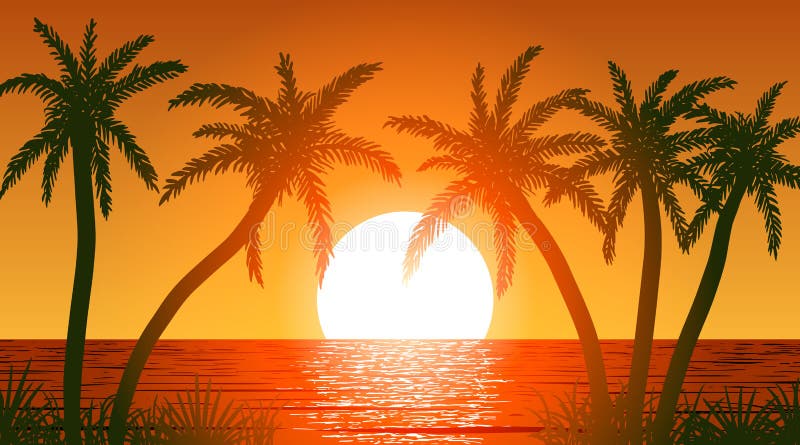 Vector Palm Trees on Ocean Shore at Sunset Stock Vector - Illustration ...