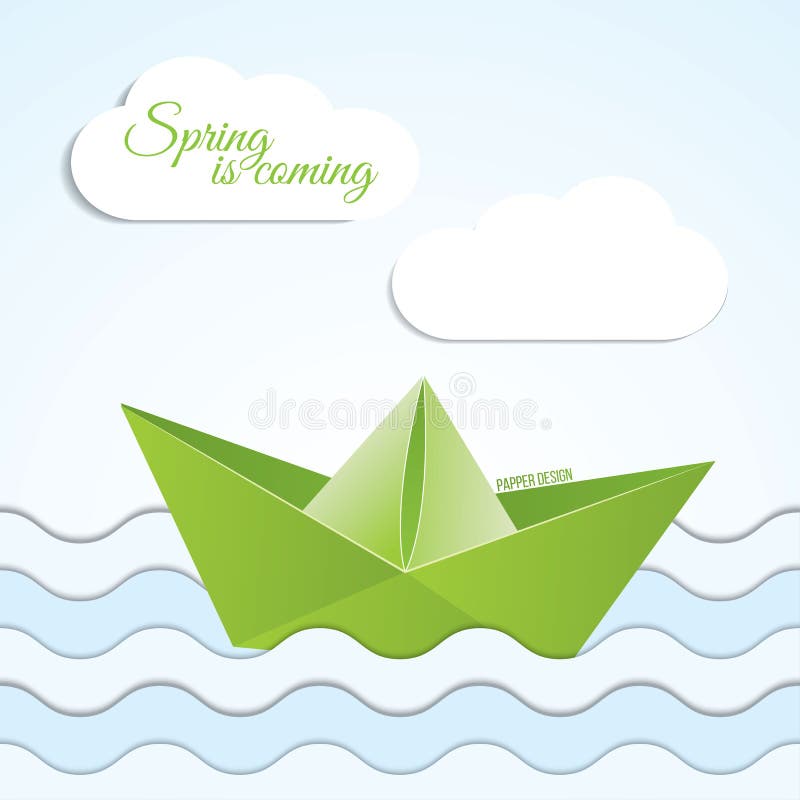 Vector Paper Origami Boat Icon on Spring Background with Clouds and ...