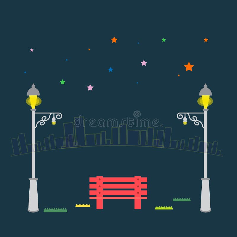 Vector Park Bench and Streetlight on City Background Stock Vector ...