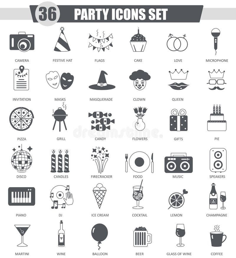Vector Party Black Icon Set. Dark Grey Classic Icon Design for Web ...