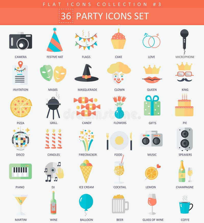 Vector Party Flat Icon Set. Elegant Style Design Stock Vector ...