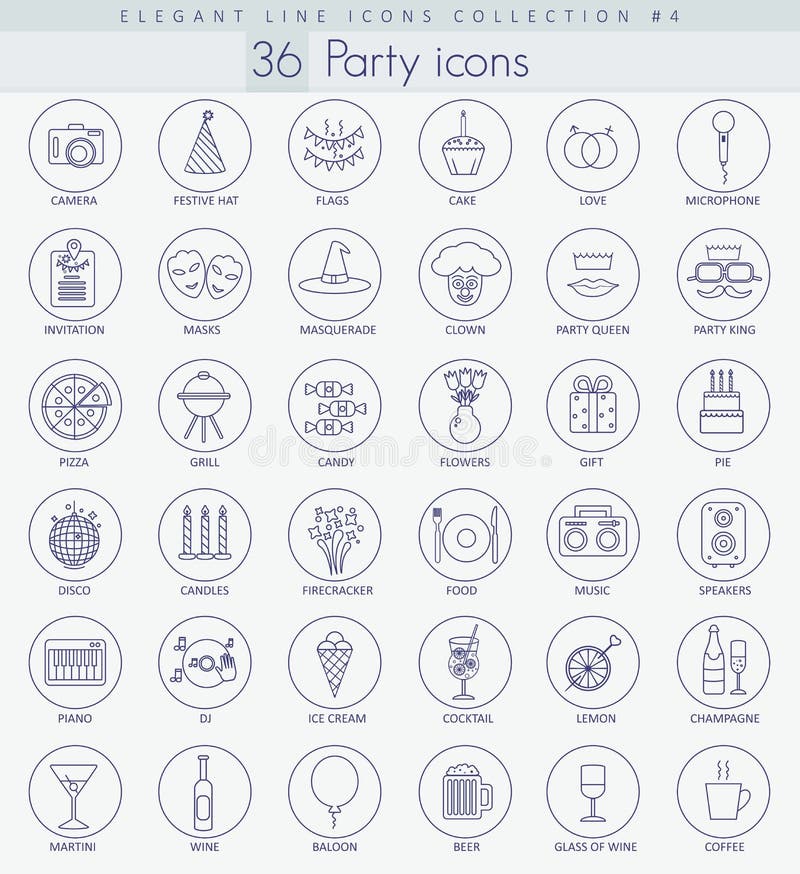 Vector Party Outline Icon Set. Elegant Thin Line Style Design Stock ...