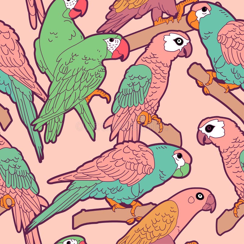 Vector Pastel Parrots Birds Seamless Pattern, Pink & Turquoise Stock ...