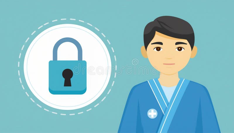 Vector, a Patient in a Hospital Gown with a Safety Lock Icon ...