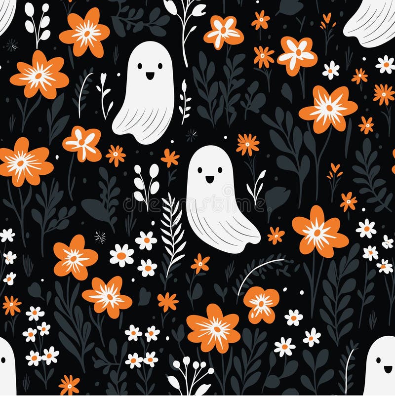 Ghostly Vector Pattern: Black Background with Ghosts, Plants, and ...
