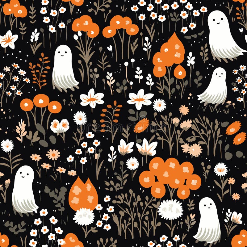 Ghostly Vector Pattern: Black Background with Ghosts, Plants, and ...