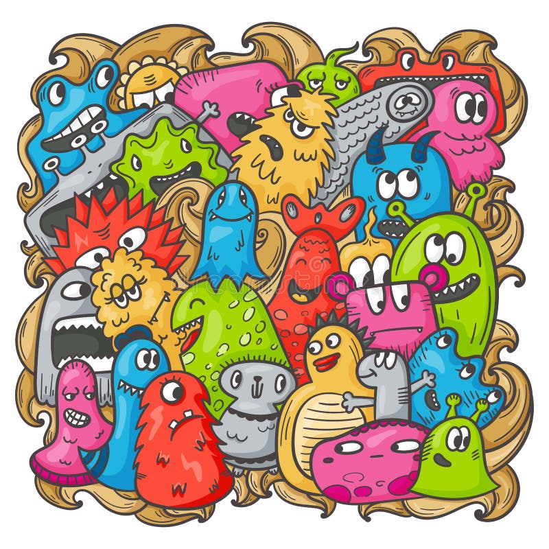 Vector Pattern with Cartoon Colored Doodle Monsters. Stock Illustration - Illustration of ...