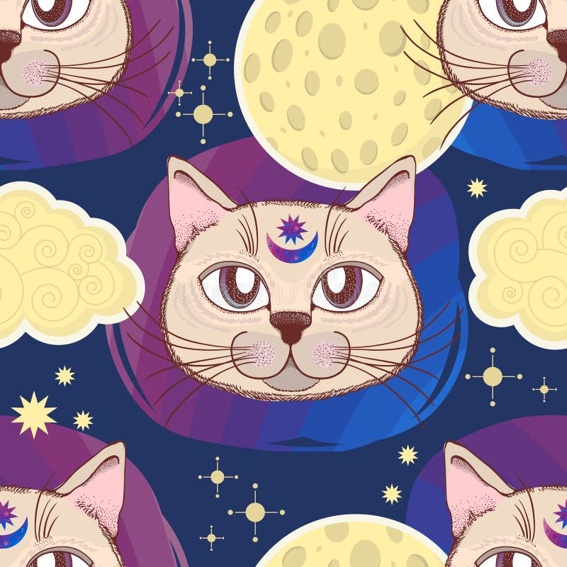 Vector Pattern with a Cat, Moon, Stars. Magical and Fairy. Suitable for ...