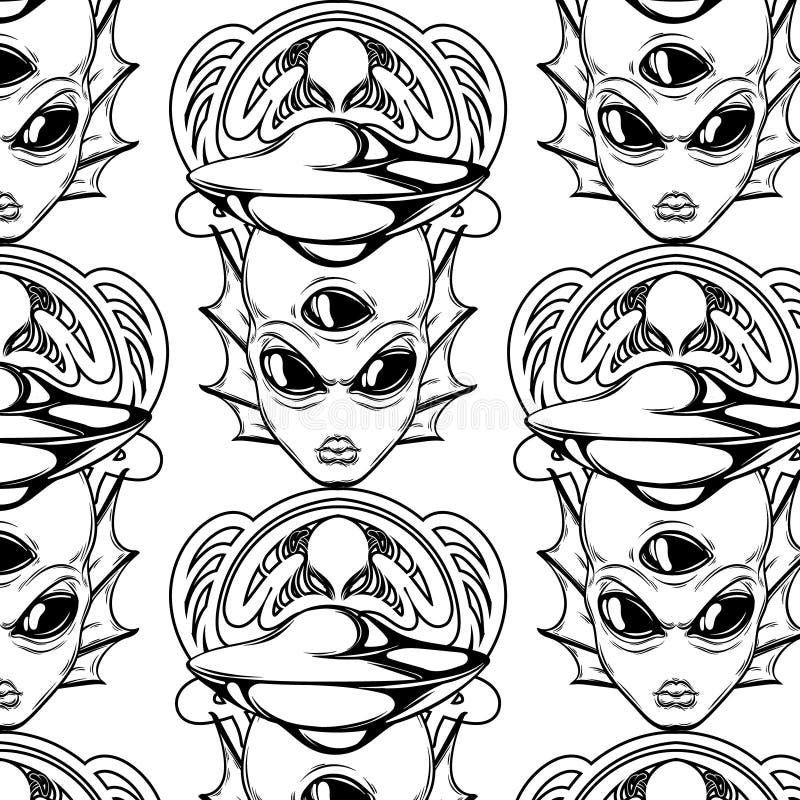Vector Pattern with Hand Drawn Illustration of Alien with Frame ...