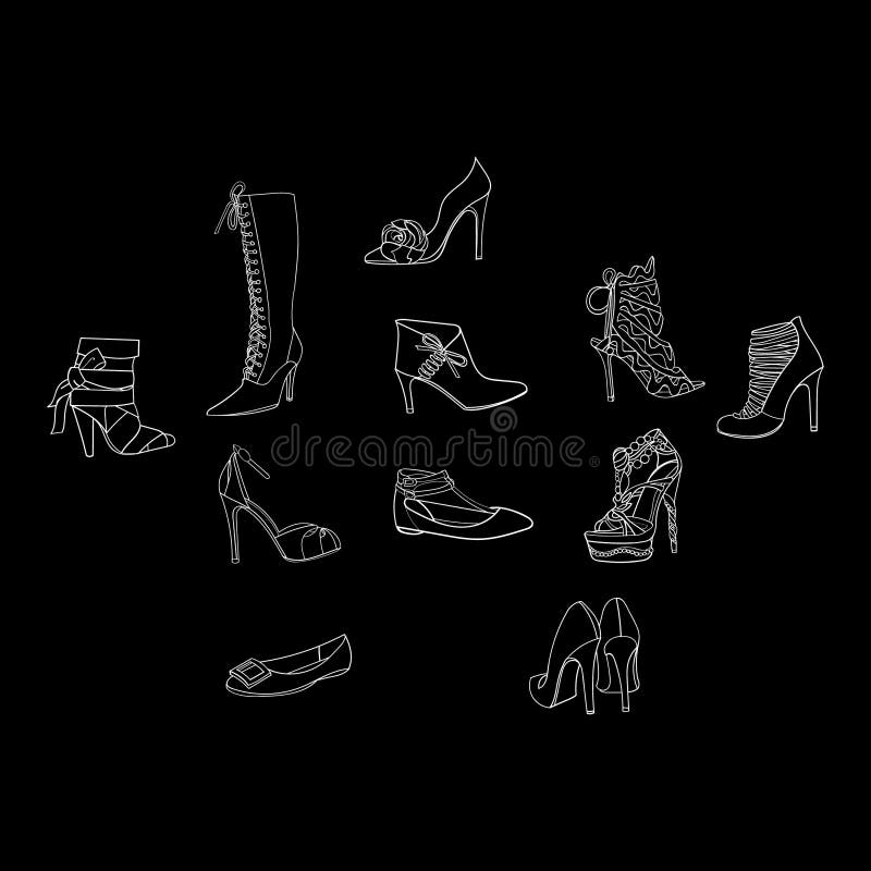 Vector Pattern with Hand Drawn Shoes on Black Color. Stock Vector ...
