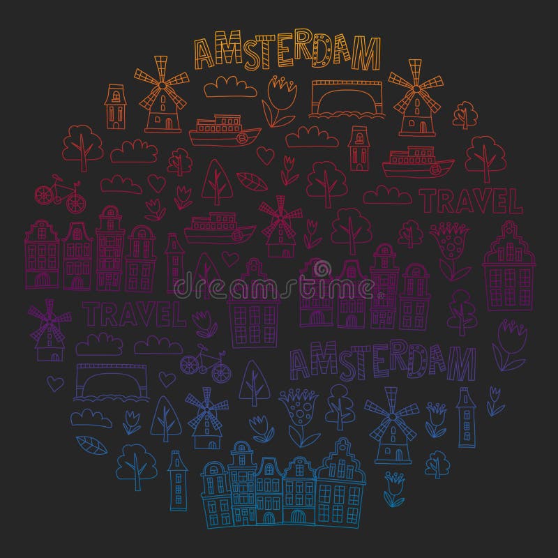 Vector Pattern with Holland, Netherlands, Amsterdam Icons. Doodle Style ...