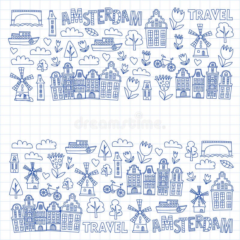 Vector Pattern with Holland, Netherlands, Amsterdam Icons. Doodle Style ...