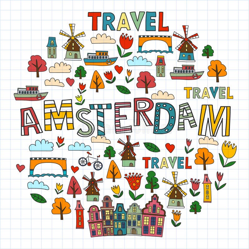 Vector Pattern with Holland, Netherlands, Amsterdam Icons. Doodle Style ...
