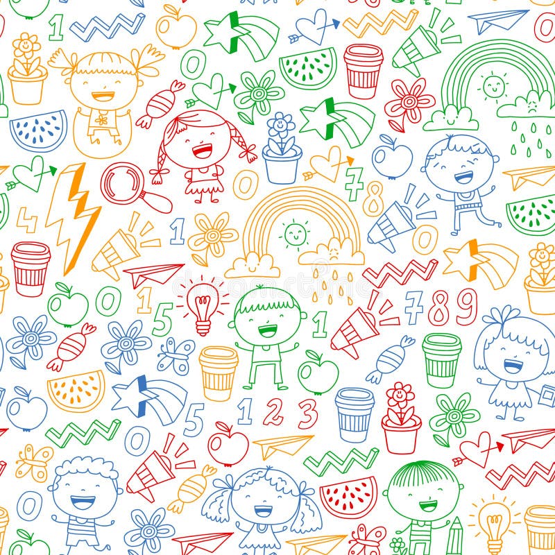 Vector Pattern with Kindergarten, School Children. Happy Children ...