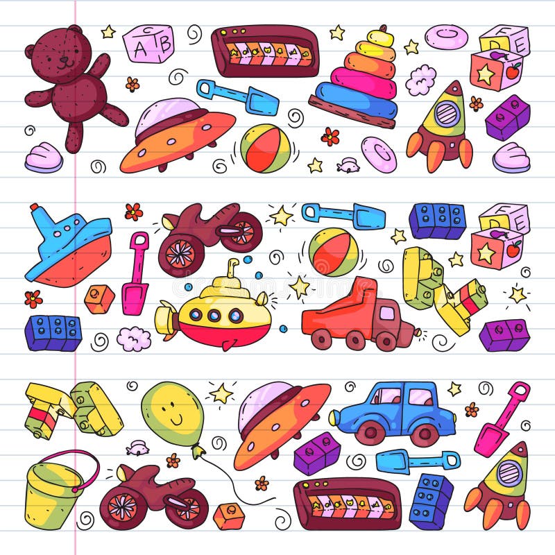 Vector Pattern with Kindergarten, Toy Children. Happy Children ...