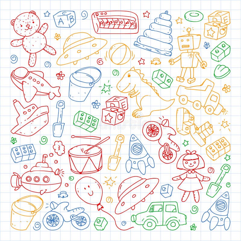 Vector Pattern with Kindergarten, Toy Children. Happy Children ...