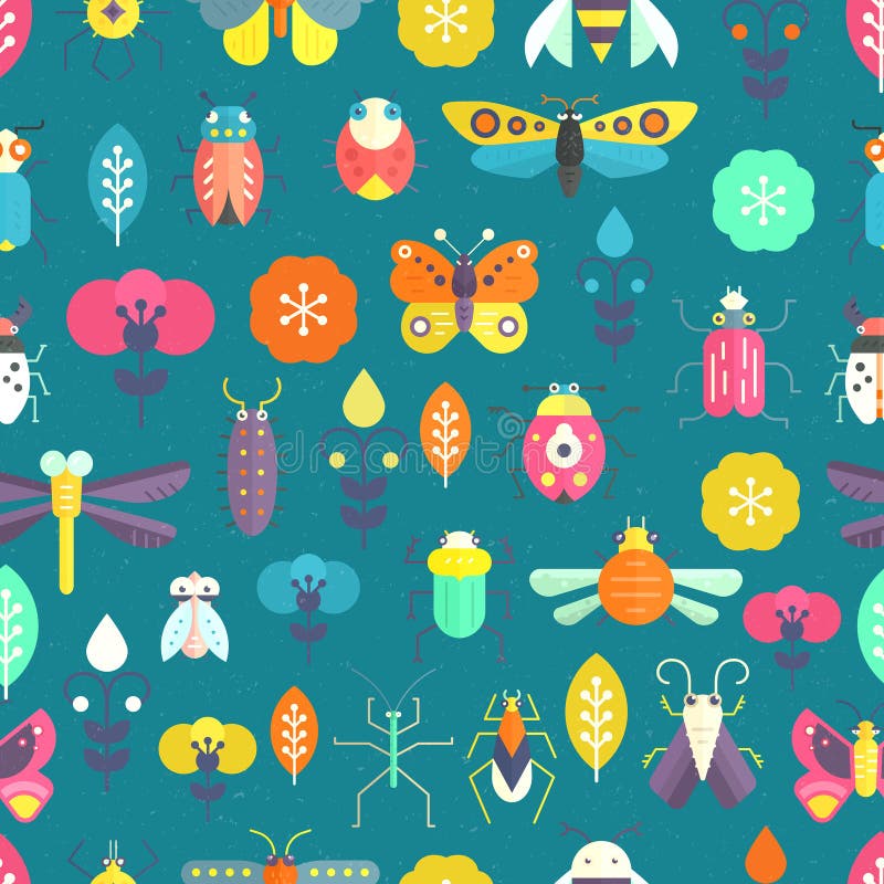 Seamless Pattern with Cute Colorful Insects Stock Vector - Illustration ...
