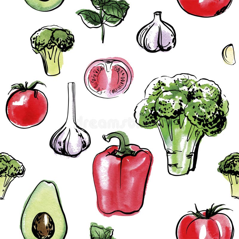 Vector Pattern Sketch of Vegetables. Color Sketch of Food Stock Vector ...