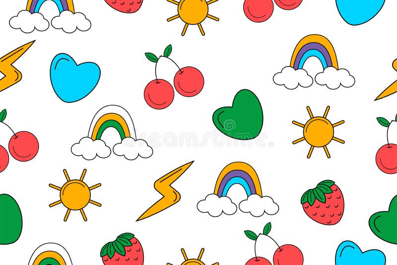 Vector Pattern of Trendy Cartoon Elements, Simple Drawings, Cherry ...