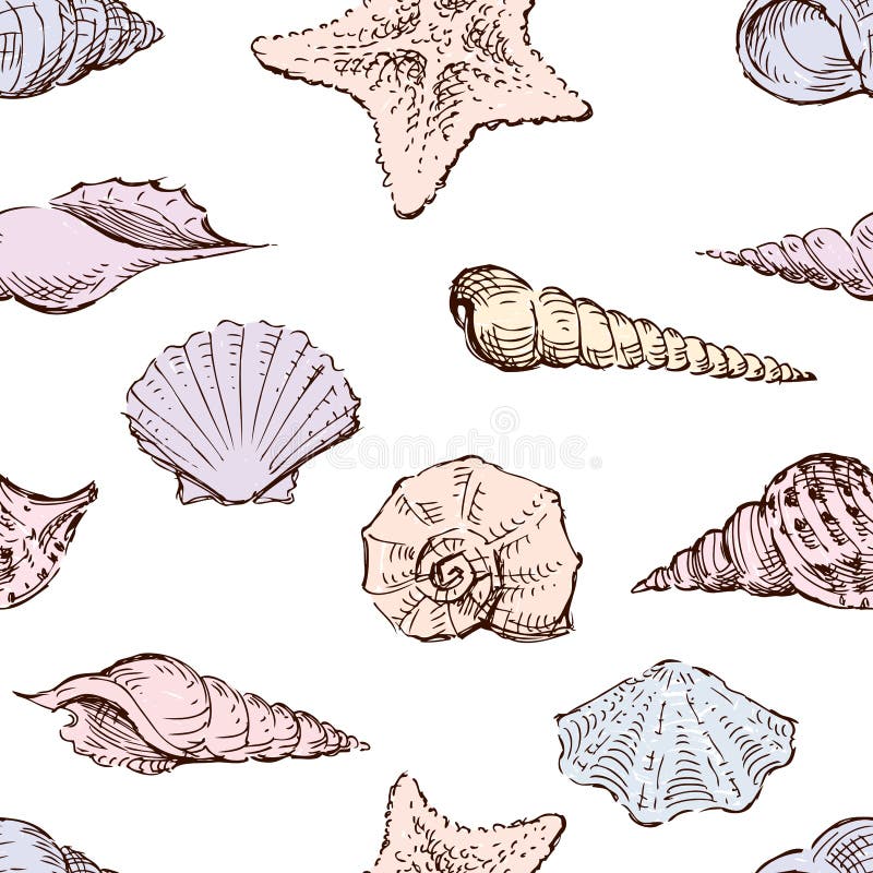 Seamless Background of the Seashells Sketches Stock Vector ...