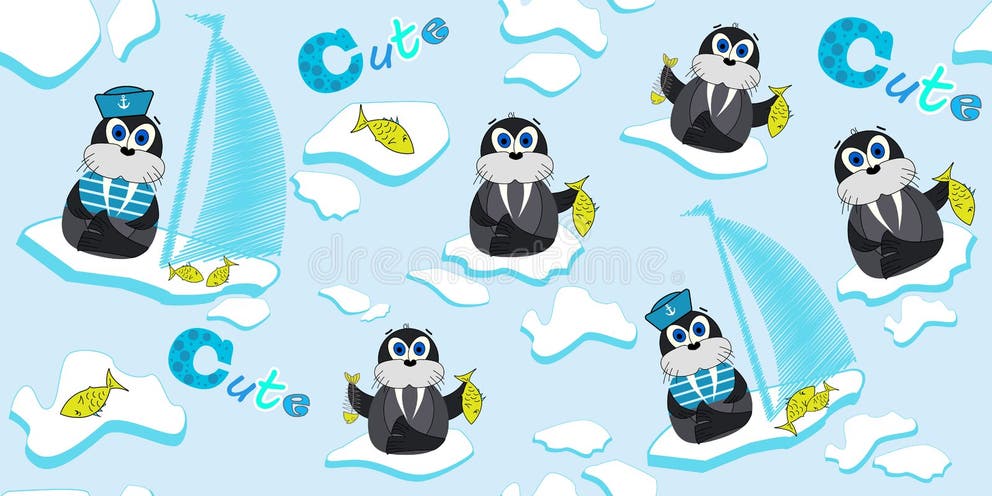 Vector Pattern with Walrus that Float on an Ice Floe and Fish ...