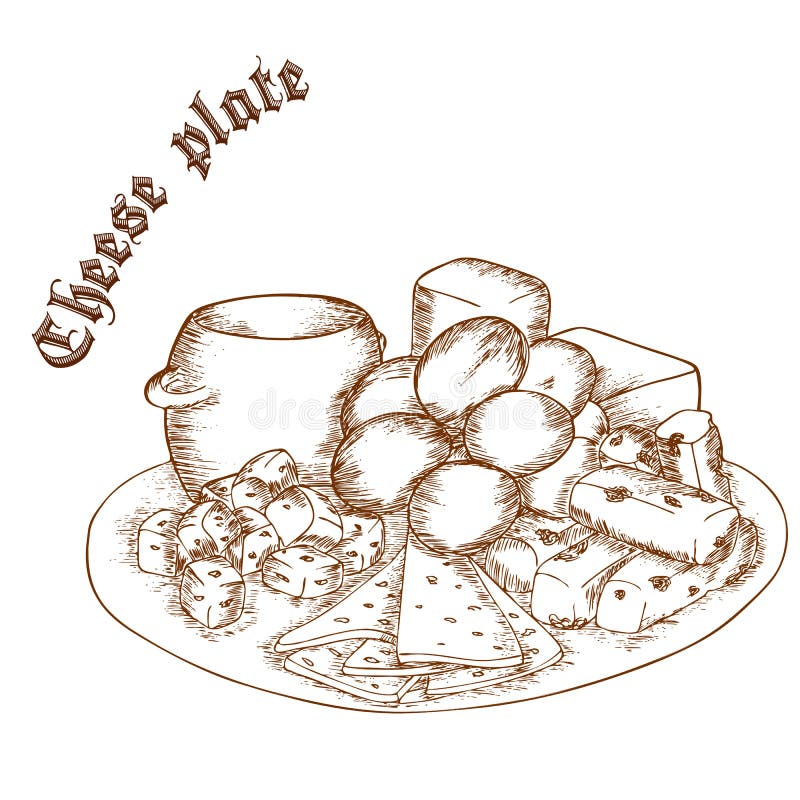 Vector Pencil Hand Drawn Illustration of Cheese Plate with Label Stock ...