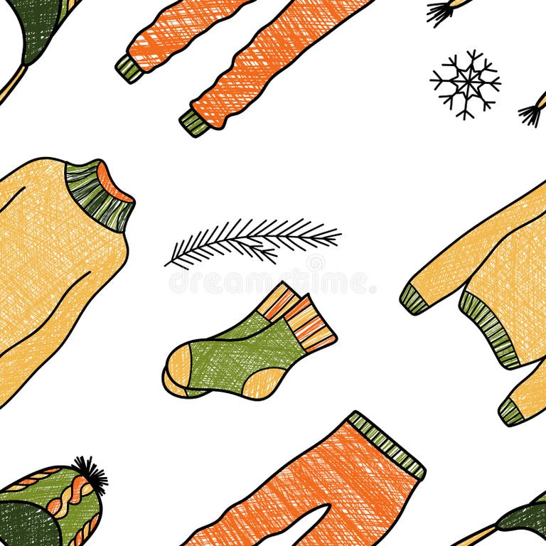Vector Pencil Seamless Pattern of Winter Clothes Stock Vector - Illustration of cotton, clothing ...
