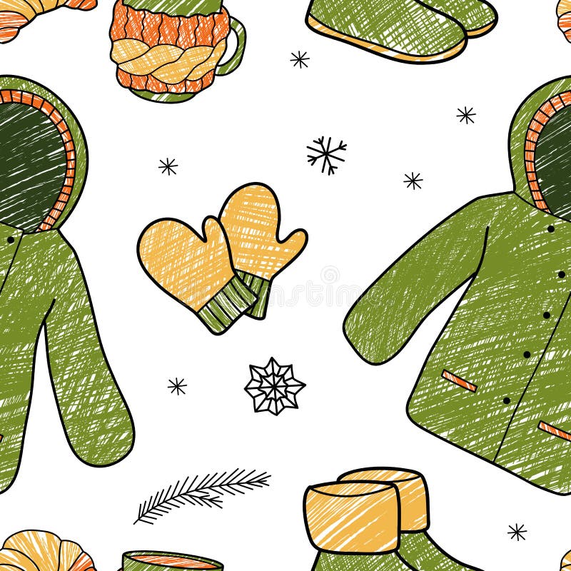 Vector Pencil Seamless Pattern of Winter Clothes Stock Vector ...