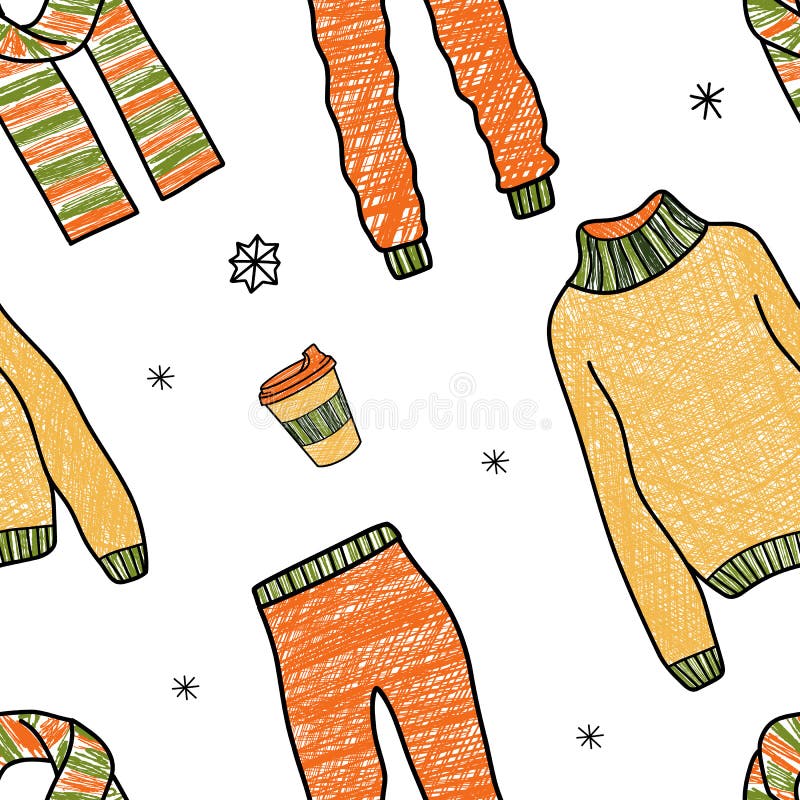 Vector Pencil Seamless Pattern of Winter Clothes Stock Vector ...