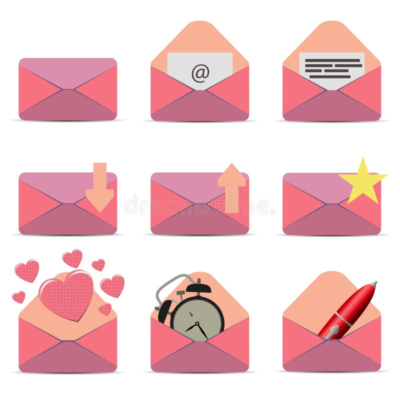 Vector Pink Flat Envelope Icons. Stock Vector - Illustration of mail ...