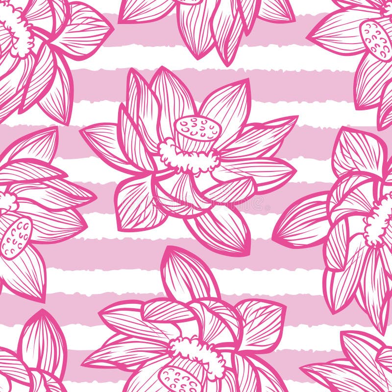 Vector Pink Lotus Flower Outlines Monochrome Repeat Pattern 07 with ...