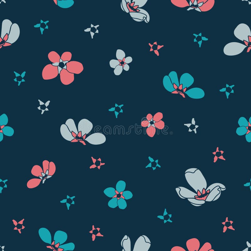 Vector Blue Pink Cherry Flowers Seamless Pattern Grey Stock Vector ...