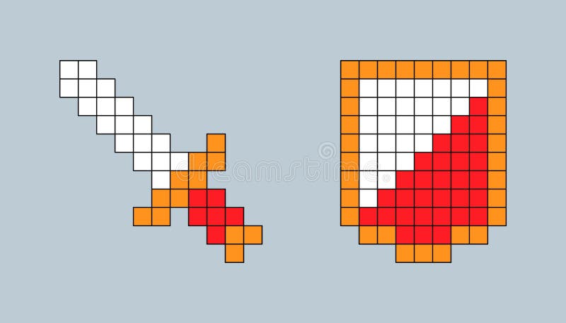 Vector Pixel Art Cartoon Sword and Shield Isolated Elements on Gray ...