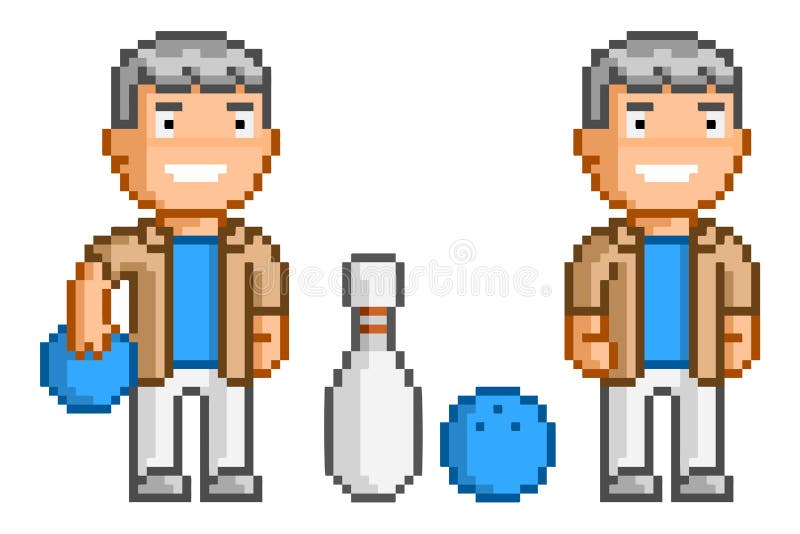 Pixel art man and bowling. stock illustration. Illustration of games ...