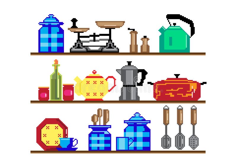 Vector Pixel Art. Shelf in the Kitchen Stock Illustration ...