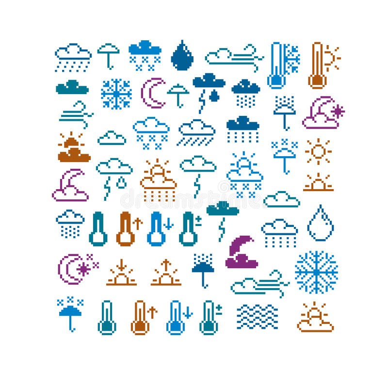 Vector Pixel Icons Isolated, Collection of 8bit Meteorology Graphic ...