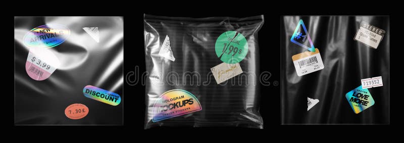 Vector Plastic Wrap Bag Mockup with Holographic and Retro Sticker ...