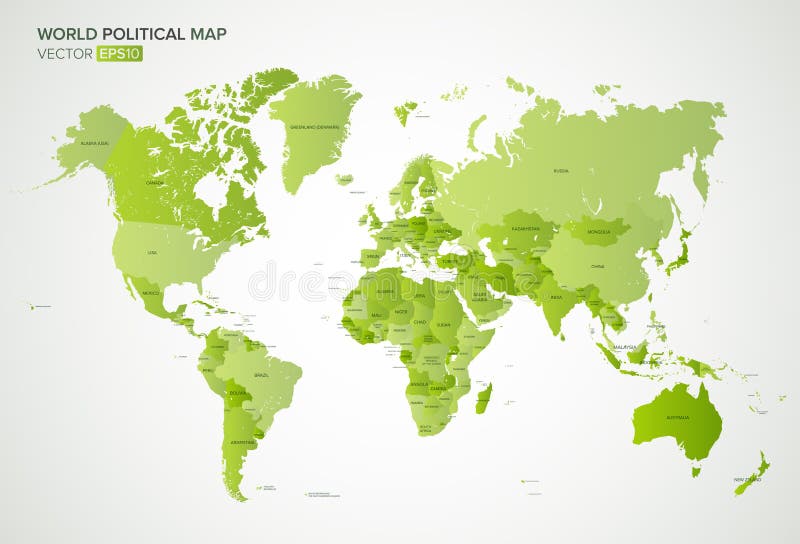 Vector Political Map with the Names of All Countries in Green Gradient ...