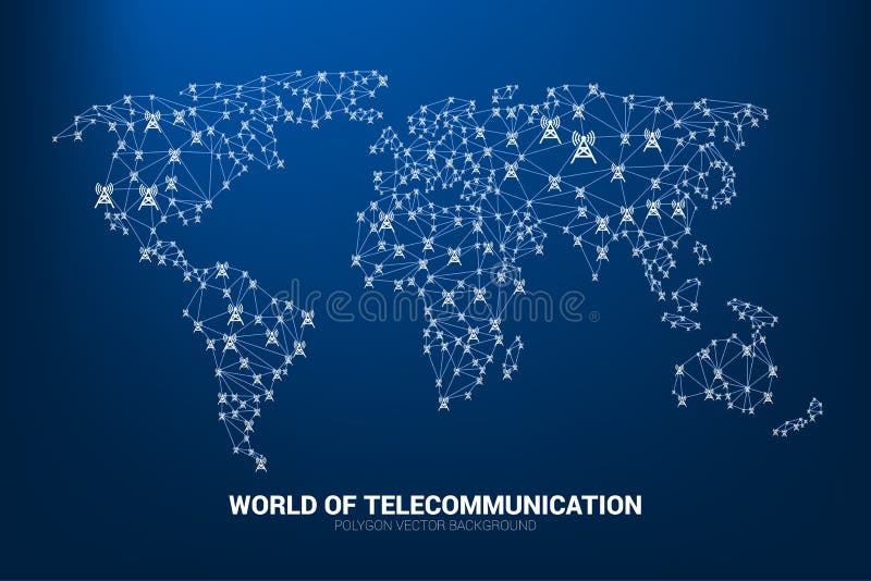 Vector Polygon Antenna Tower Icon Connect Line To World Map Shape ...
