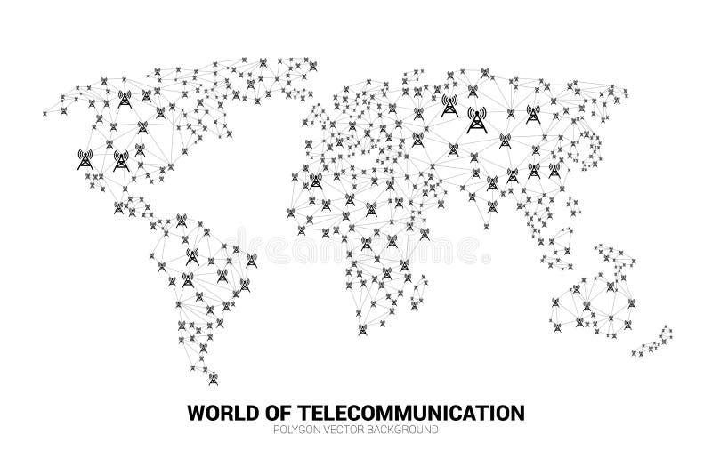 Vector Polygon Antenna Tower Icon Connect Line To World Map Shape ...
