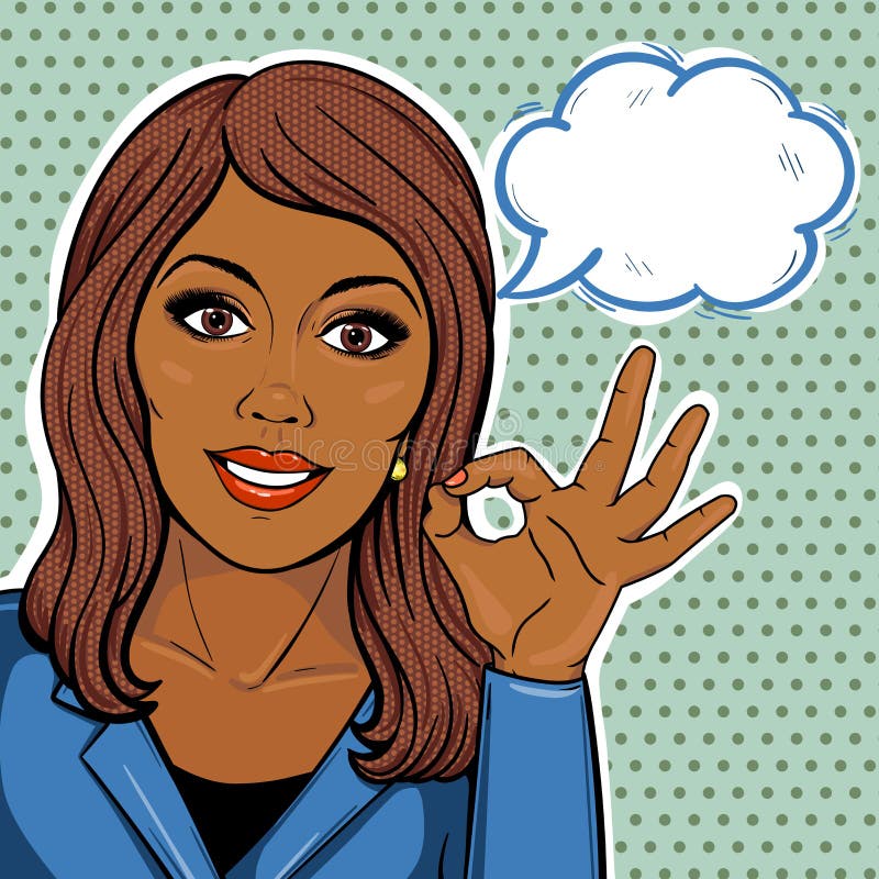 Vector Pop Art Comic African American Businesswoman Showing Ok Hand