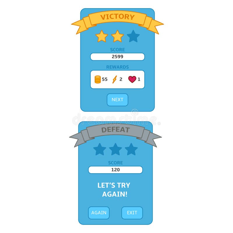 Vector Popup Windows for Mobile Game. Victory and Defeat Stock Vector ...