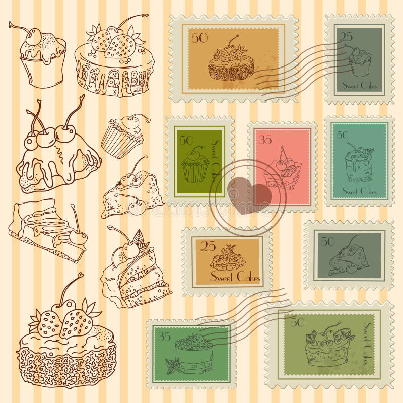Vector Postage Stamps Retro Pastry Theme, Canceled, Decorative S Stock ...