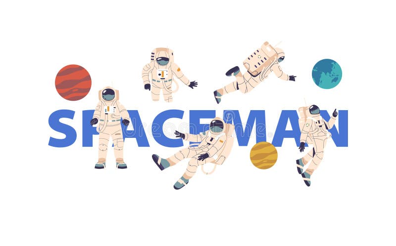 Vector Poster Featuring Spacemen in Suits Floating among Planets ...